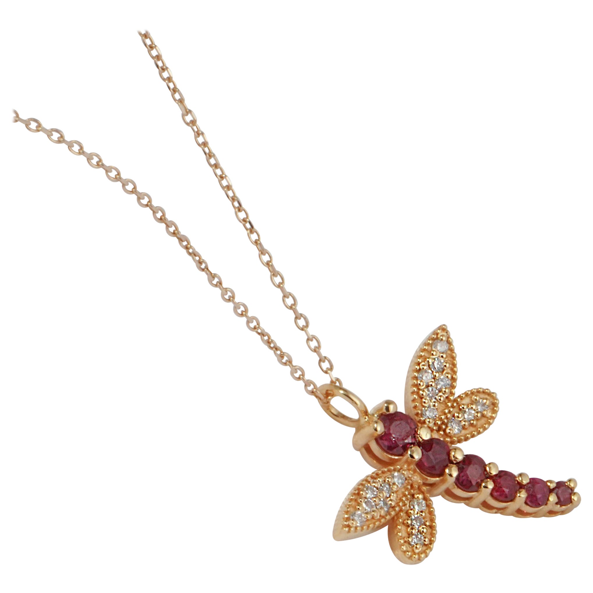 18k Solid Gold Natural Ruby Diamond Dragonfly Pendant For Sale at 1stDibs