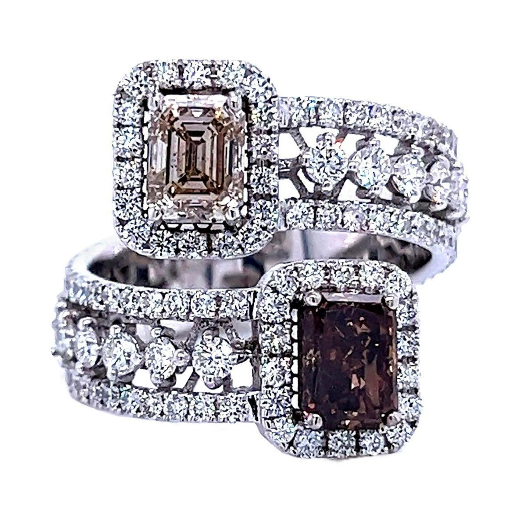 14k White Gold 3.53ct Fancy Emerald-cut Natural Diamond Two Stone Ring ...