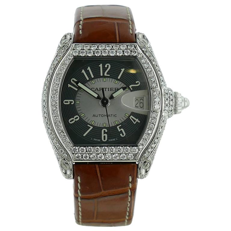 Mens Cartier Roadster Diamond Encrusted Stainless Steel Watch at 1stDibs