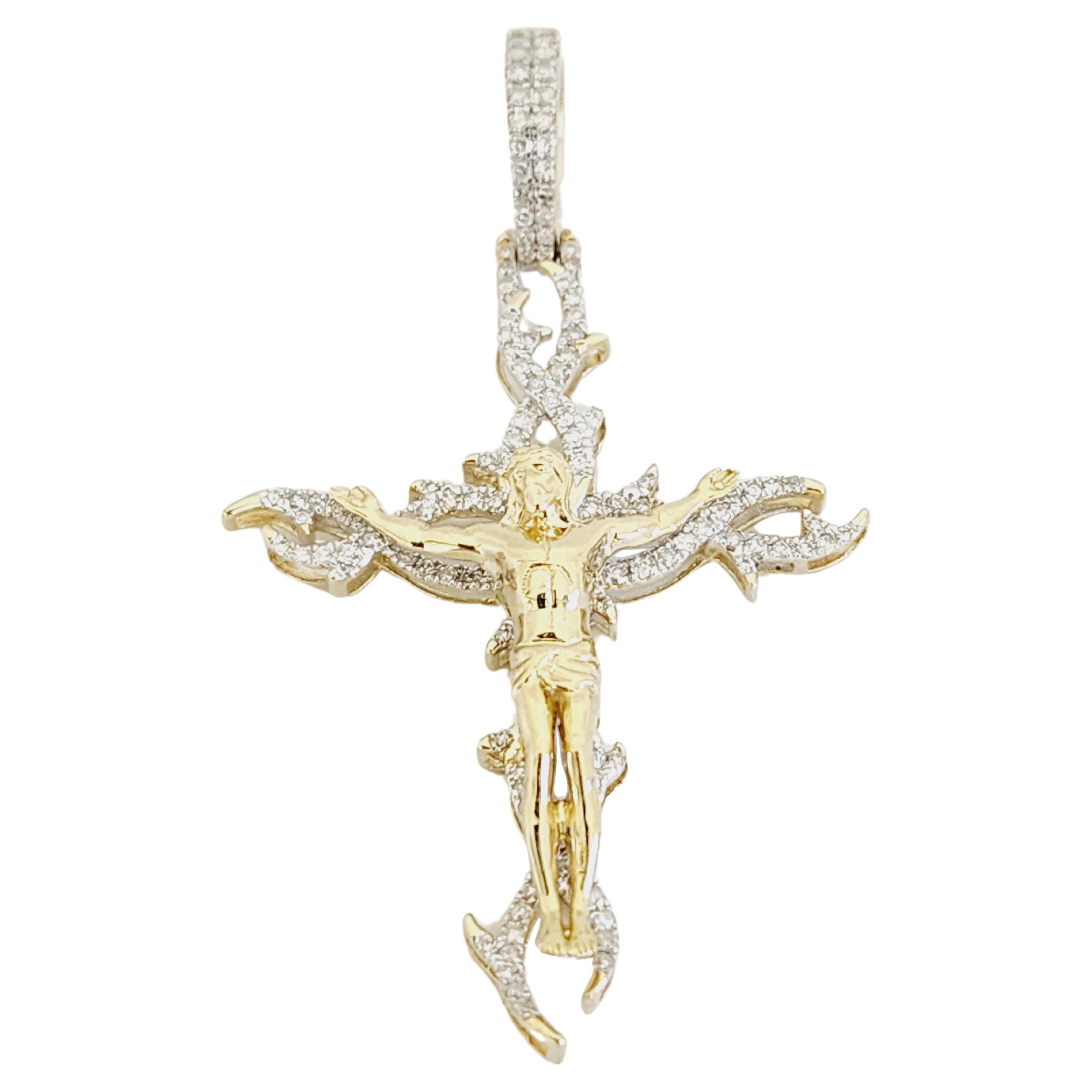 0.70 Carat Diamond Jesus Cross Pendant 14 Karat Yellow Gold For Sale at ...
