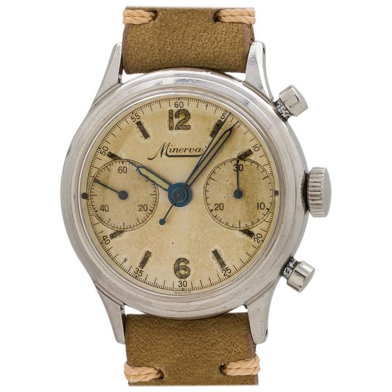 Minerva Chronograph Stainless Steel circa 1940s at 1stDibs