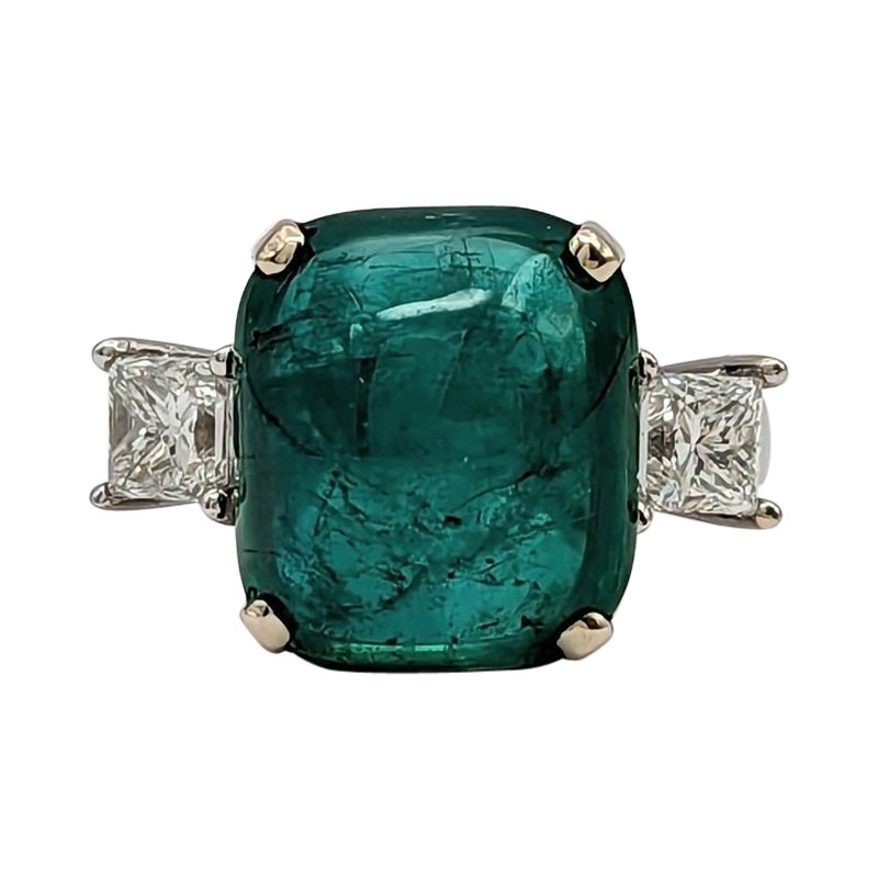 Emerald Sugarloaf and White Diamond Three Stone Ring in 18K White Gold ...