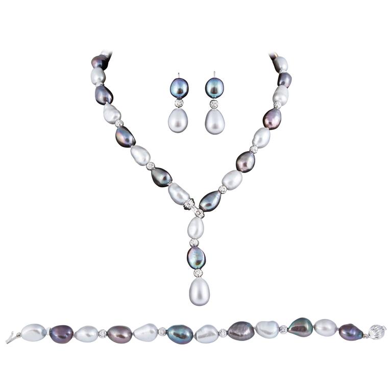 Fresh Water Black and Grey Lariat Necklace, Bracelet and Earrings Set ...