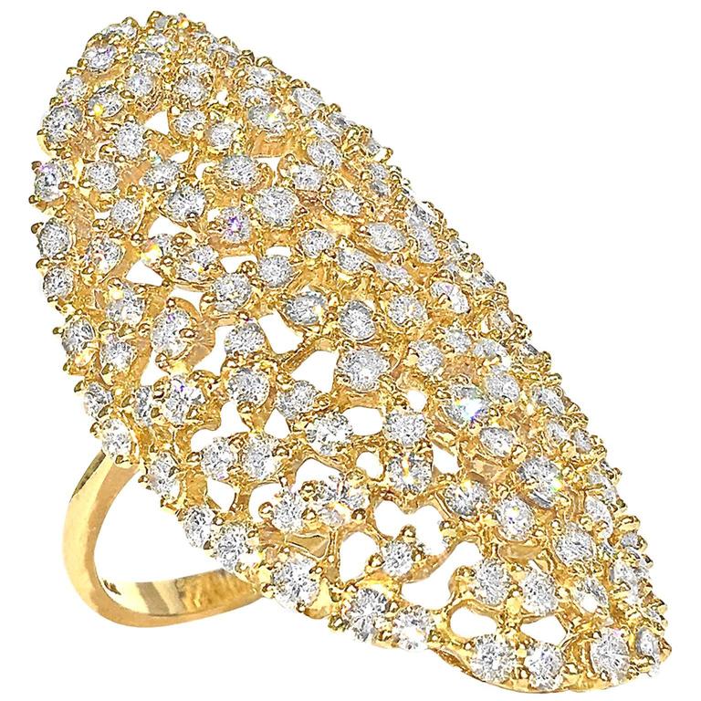 White Diamond Curved Sleeve Handmade Polished Gold Ring For Sale at 1stDibs