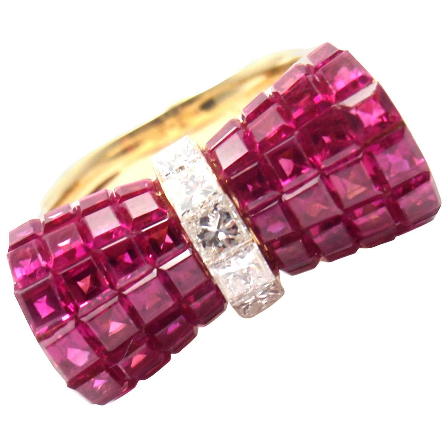 Diamond Ruby Invisible Setting Bow Yellow Gold Ring For Sale at 1stdibs