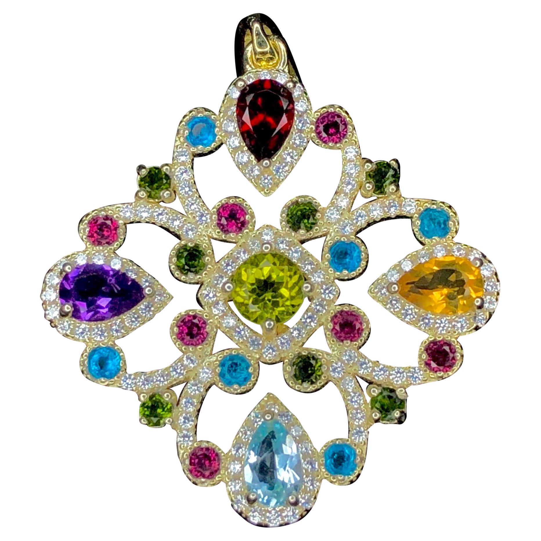 Pendant Flower Multi Stone 925 Silver Gold plated For Sale at 1stDibs