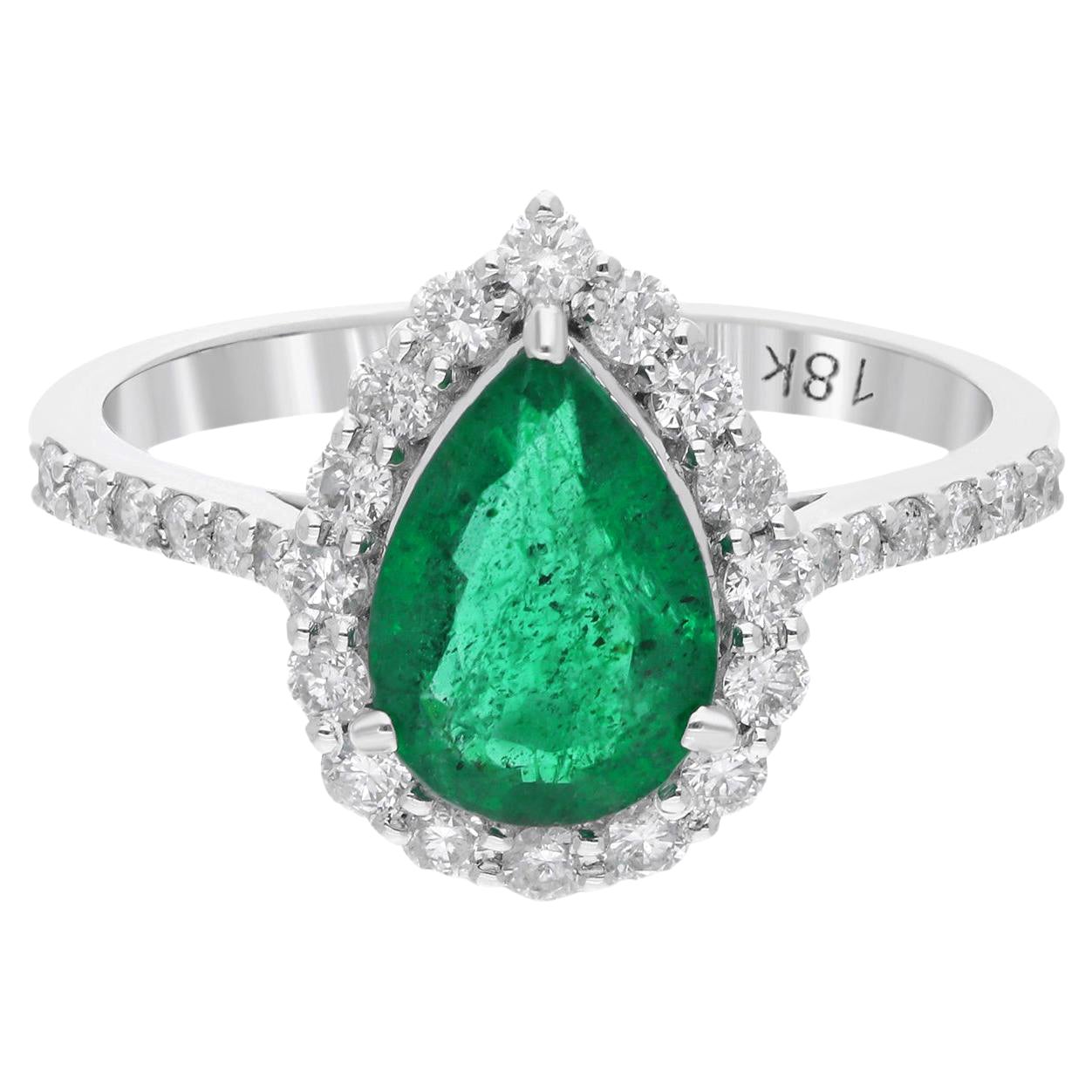 Natural Zambian Emerald Gemstone Ring Pear Diamond 18 Karat White Gold ...