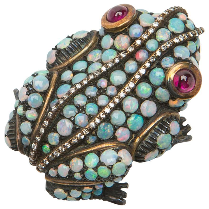 Whimsical Opal Ruby and Diamond Frog Brooch at 1stDibs