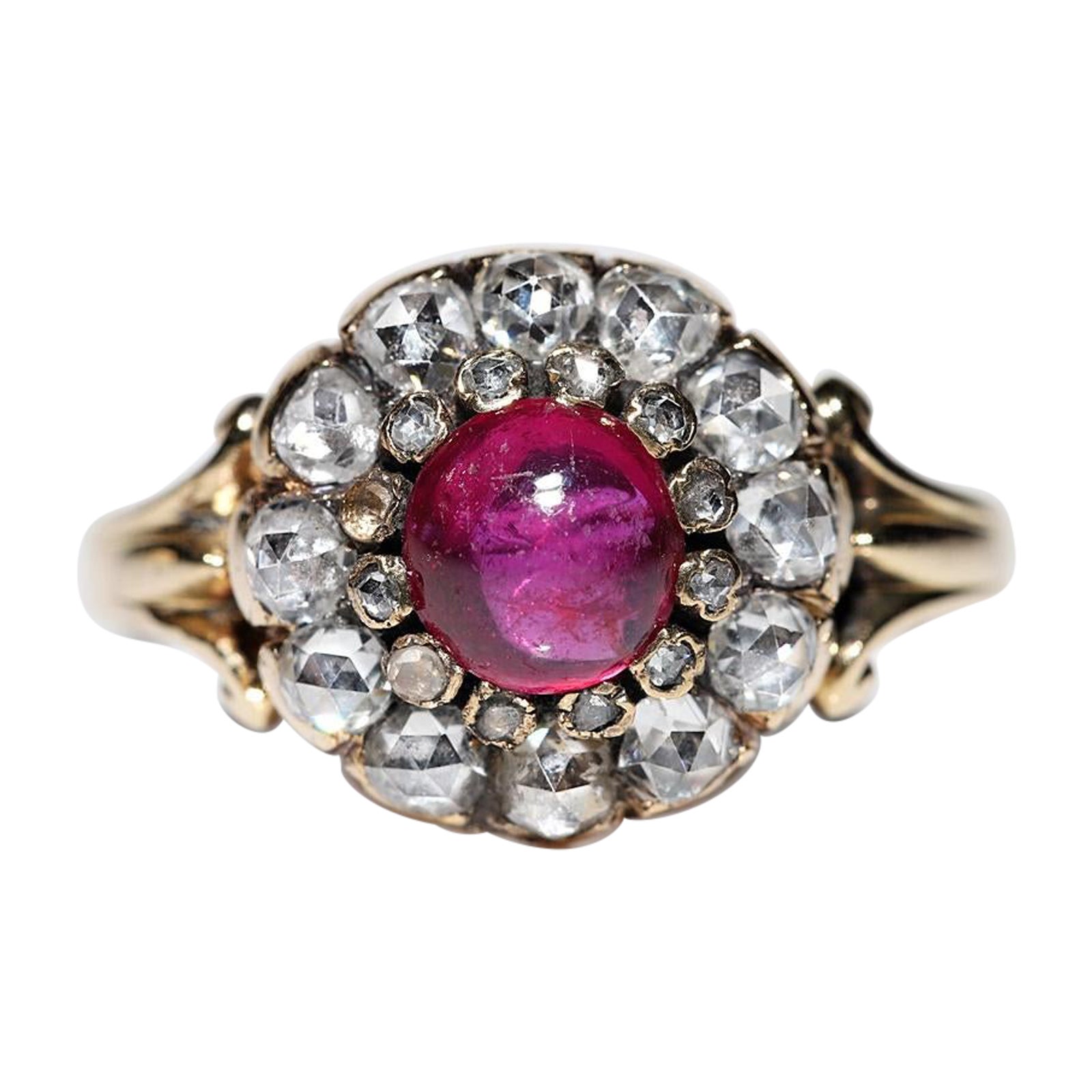 Antique Circa 1900s 14k Gold Natural Rose Cut Diamond And Turquoise