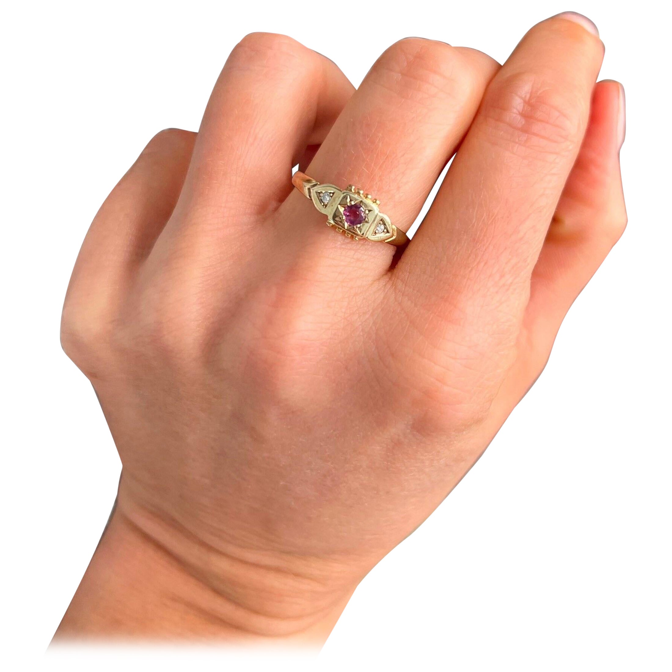 Vintage 9ct Gold Ruby and Diamond Gypsy Ring For Sale at 1stDibs