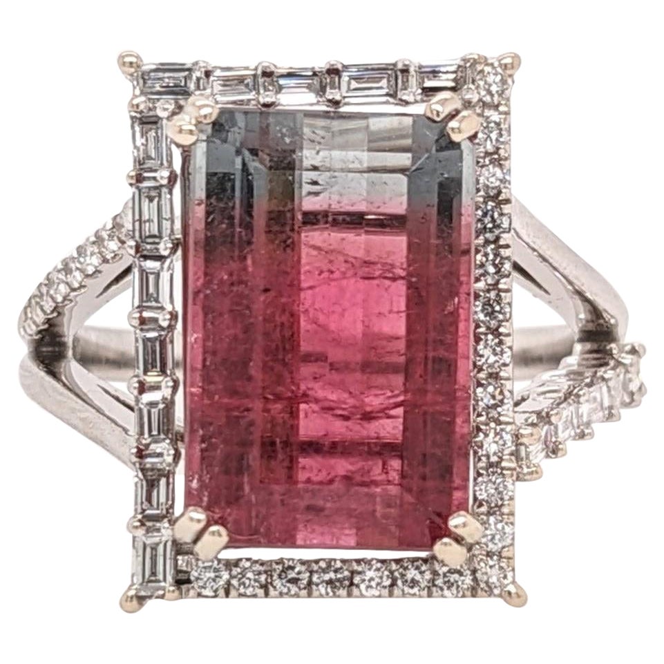 Watermelon Tourmaline Ring w Diamond Halo in Solid 14k Gold Emerald Cut ...