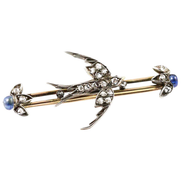 Victorian Sterling Silver and 10k Gold Swallow Brooch with Diamonds and ...