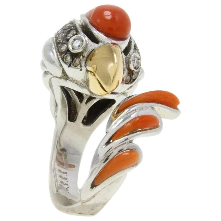 Fancy Diamond Italian Coral Gold Rooster Ring For Sale at 1stDibs ...