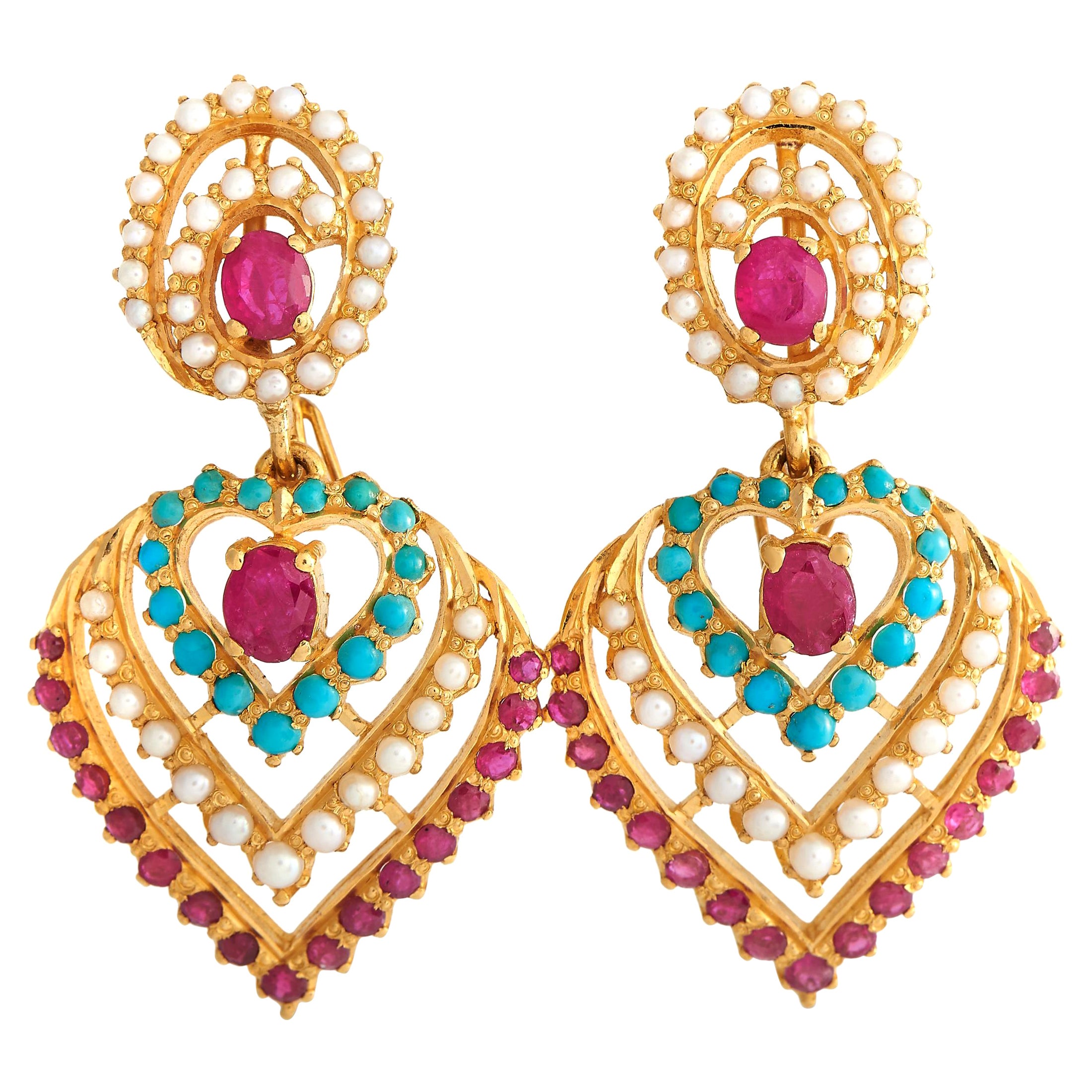 LB Exclusive 22K Yellow Gold Pearl, Ruby, and Turquoise Earrings MF02 ...