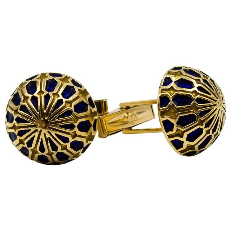 Midnight Blue Enamel Gold Domed Cufflinks For Sale at 1stdibs