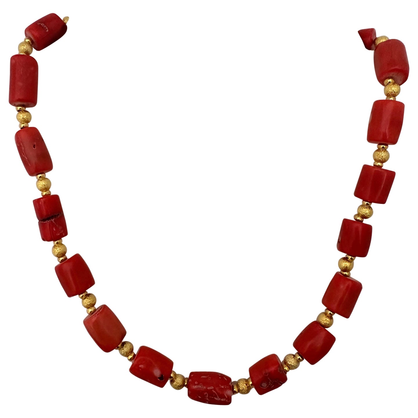 Handmade ~ Gold Beads and Salmon Barrel Shape Coral Beaded 22" Necklace ...