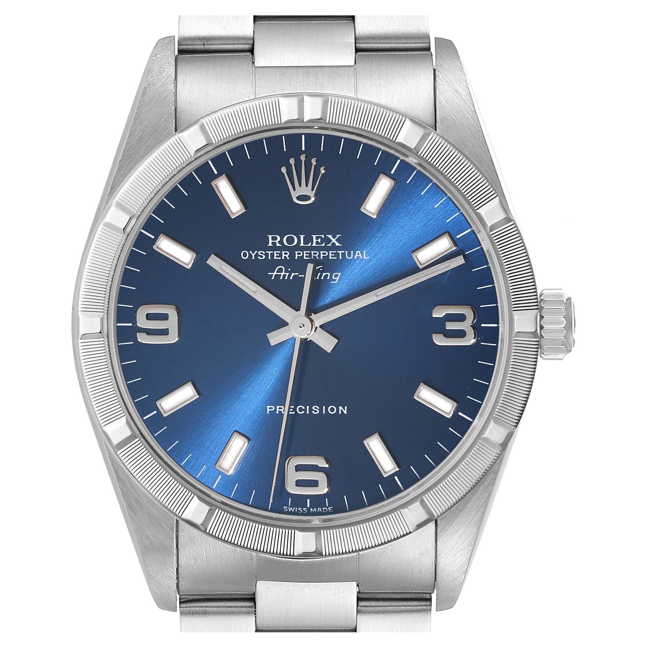 Rolex Air King Blue Dial Engine Turned Bezel Steel Mens Watch 14010 Box ...