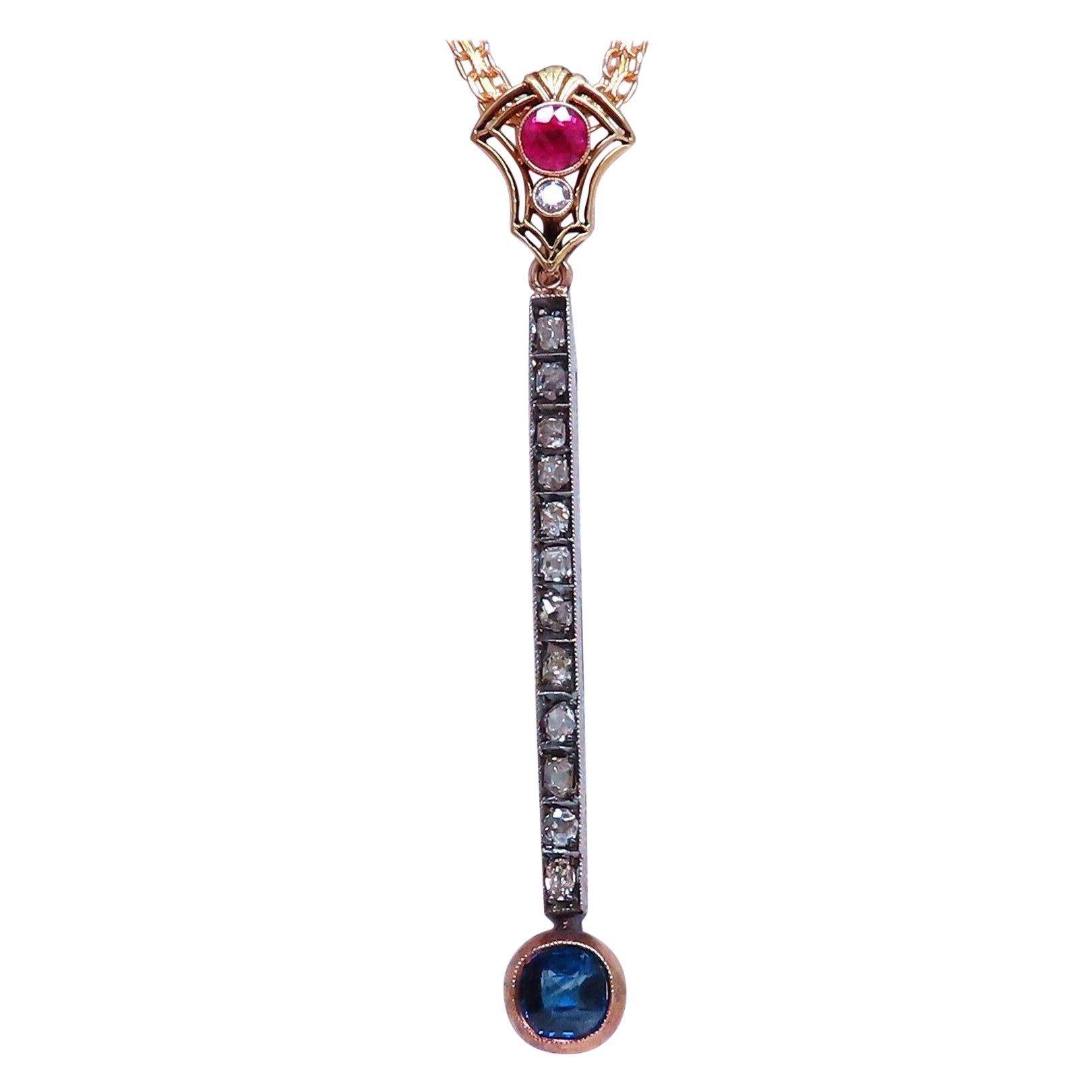 Antique Natural Ruby Sapphire Diamond Bar Necklace 14kt gold For Sale ...