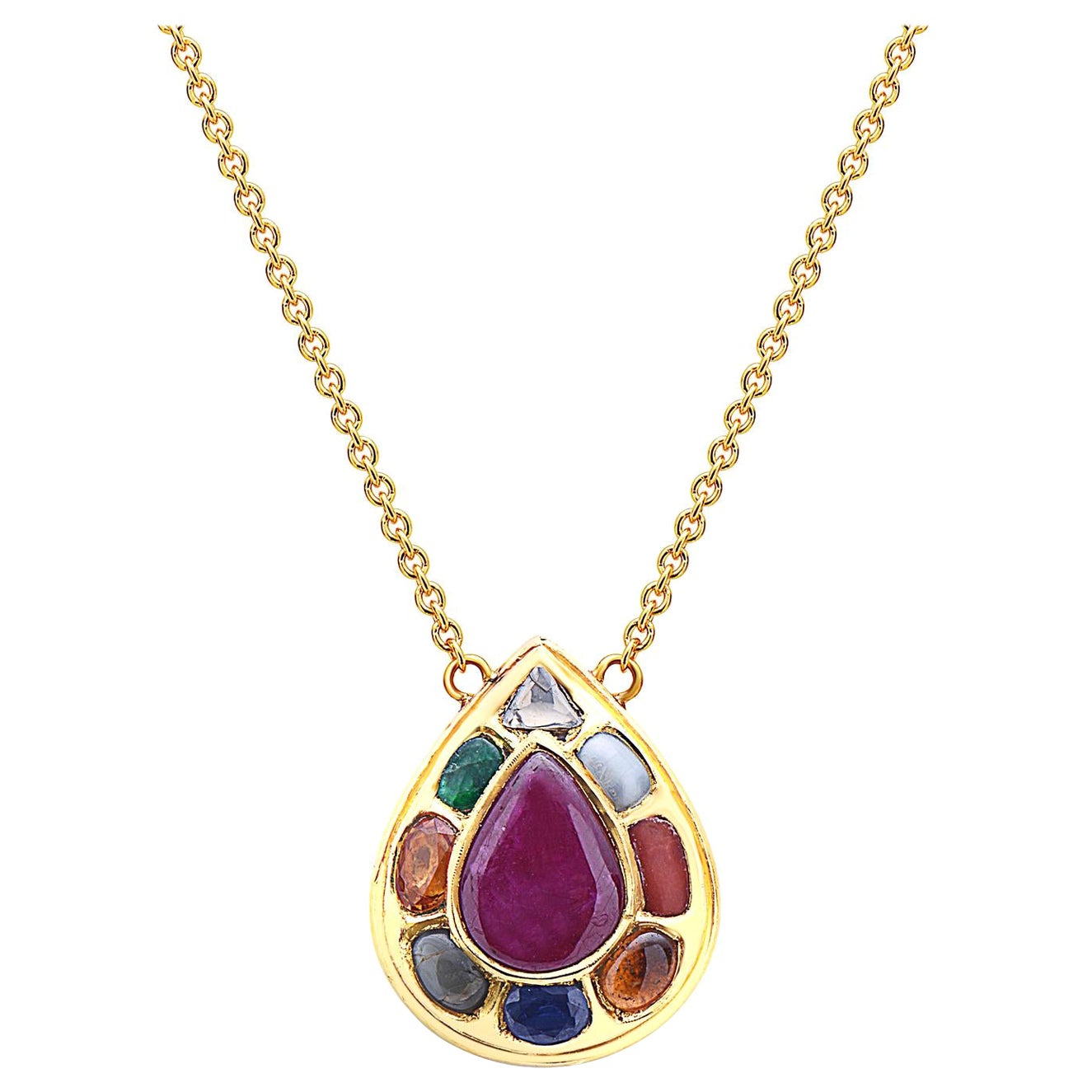 Spectacular Multi Gemstone Navratna Filigree Flower Pendant in 18K ...