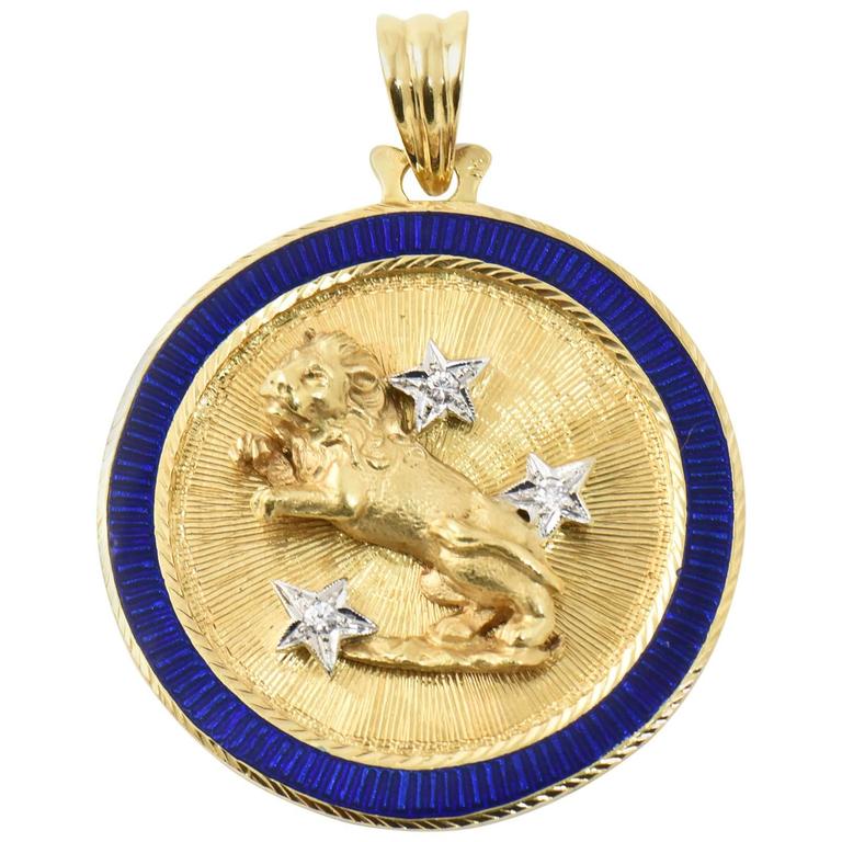 Large Three Dimensional Leo / Lion Gold, Diamond Stars and Enamel ...