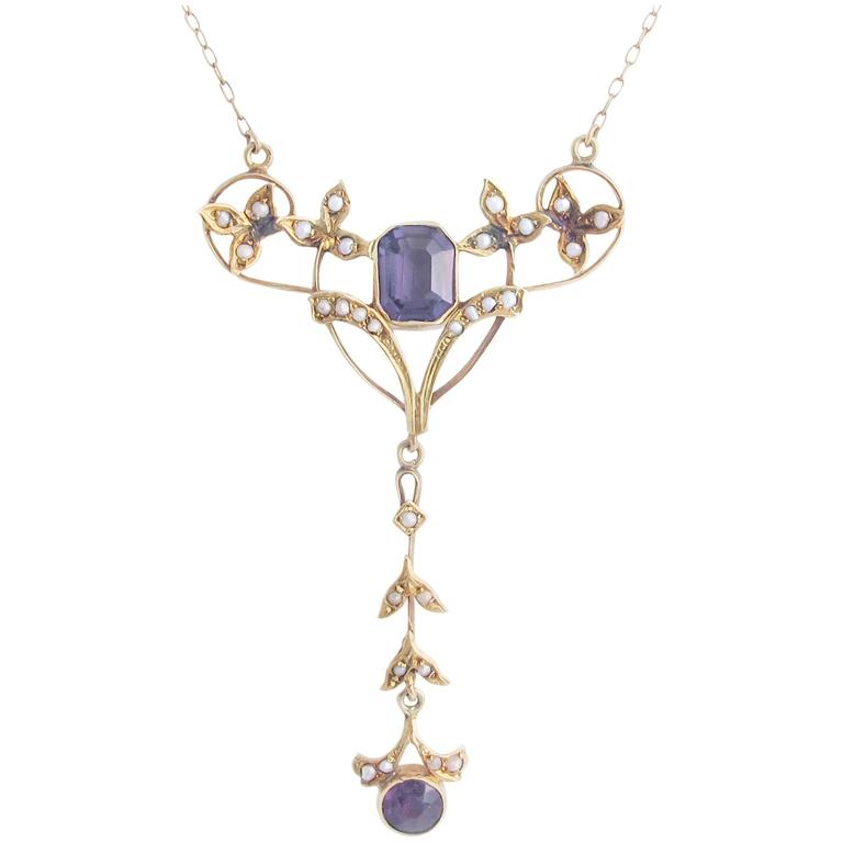 Art Nouveau Amethyst and Natural Pearl 15 Carat Gold Lavaliere at 1stDibs