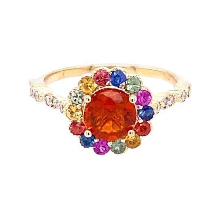 Certified Fire Opal, Diamond, Emerald and Sapphire Yellow Gold Ring For ...