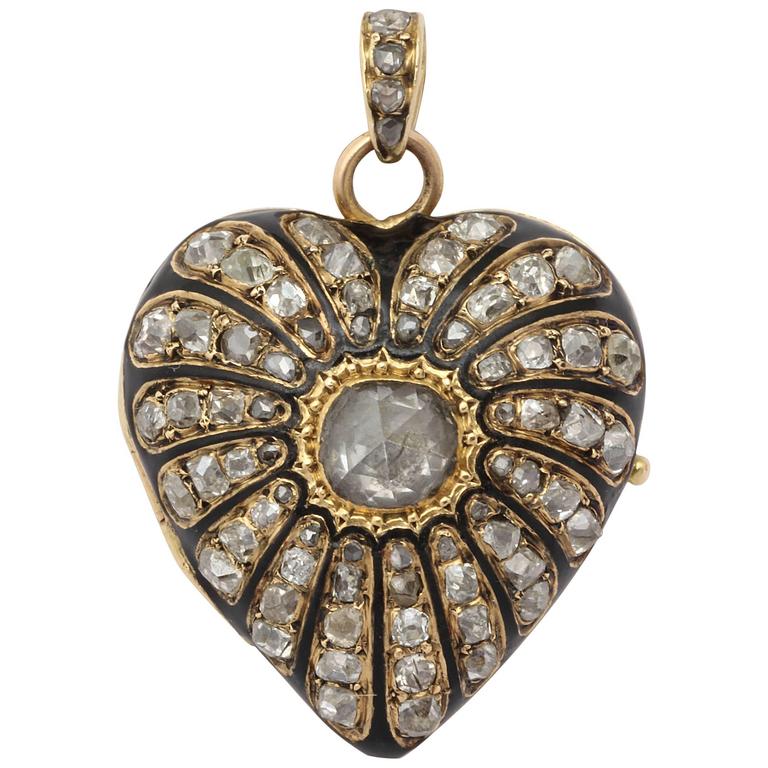 Antique Victorian Diamond Black Enamel Gold Heart Locket at 1stDibs