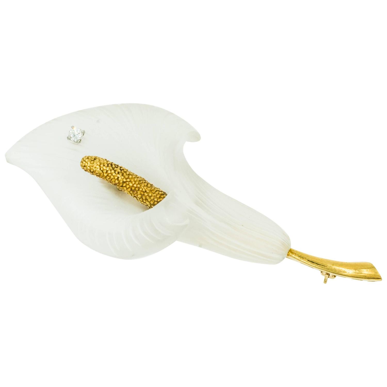 1990s Tiffany and Co. Calla Lily Gold Brooch featuring Rock Crystal and ...