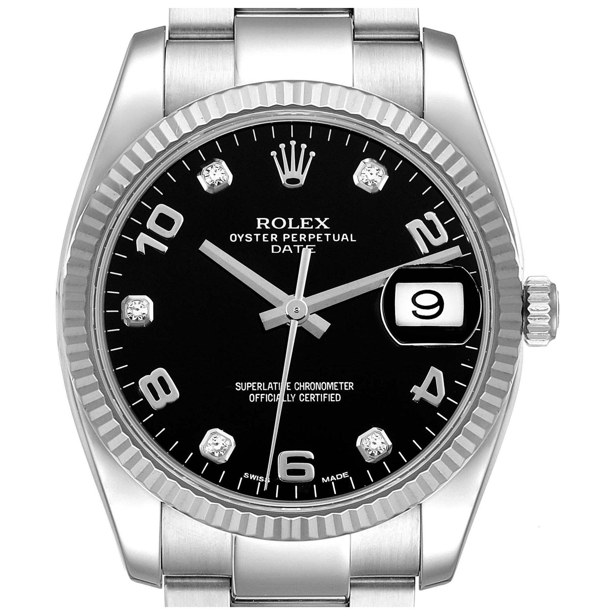 Rolex Date 34 Steel White Gold Black Diamond Dial Mens Watch 115234 at ...