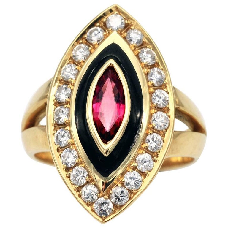 Ruby Diamond and Enamel Gold Marquise Ring at 1stDibs