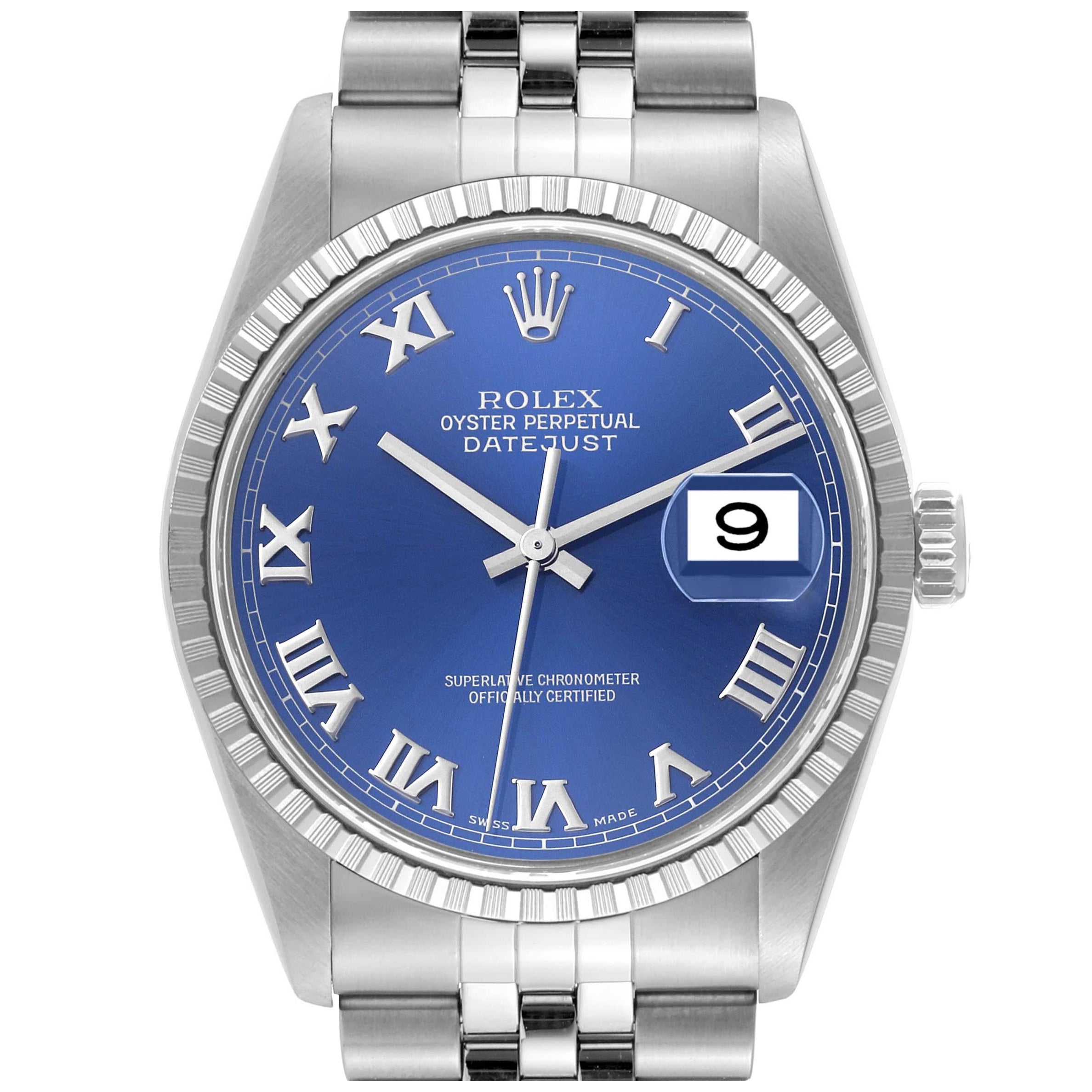 Rolex Datejust Blue Dial Engine Turned Bezel Steel Mens Watch 16220 Box ...
