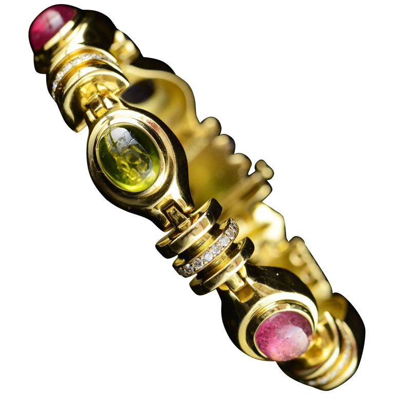 Cabochon Gemstone Diamond Gold Bracelet For Sale at 1stDibs