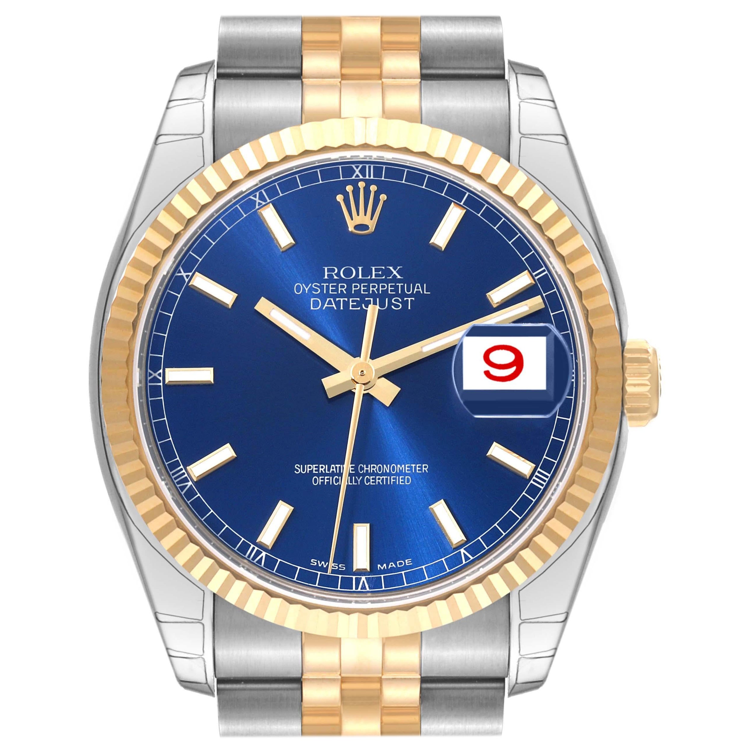 Rolex Datejust Steel Yellow Gold Blue Dial Mens Watch 116233 Box Papers For Sale at 1stDibs