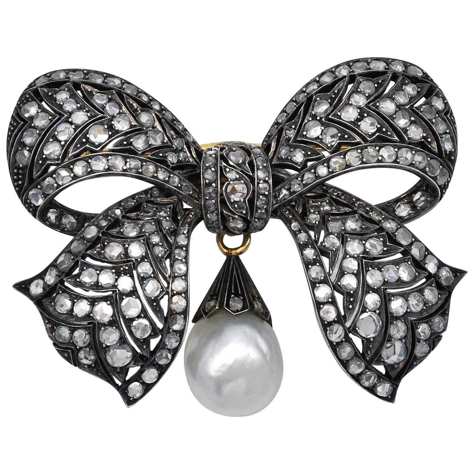 Victorian Diamond Silver Topped Gold Bow Brooch at 1stDibs