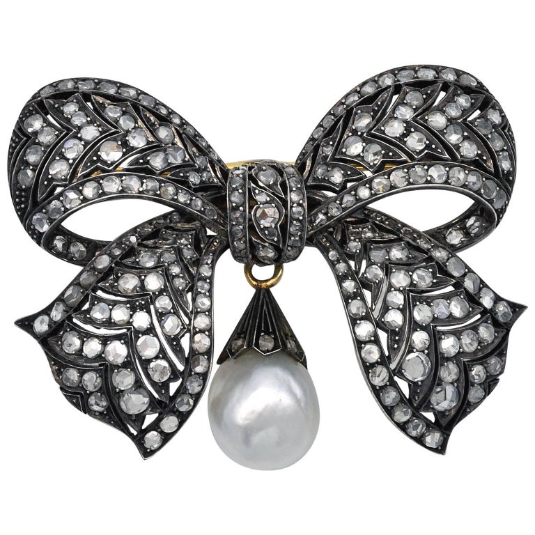Victorian Diamond Silver Topped Gold Bow Brooch at 1stDibs