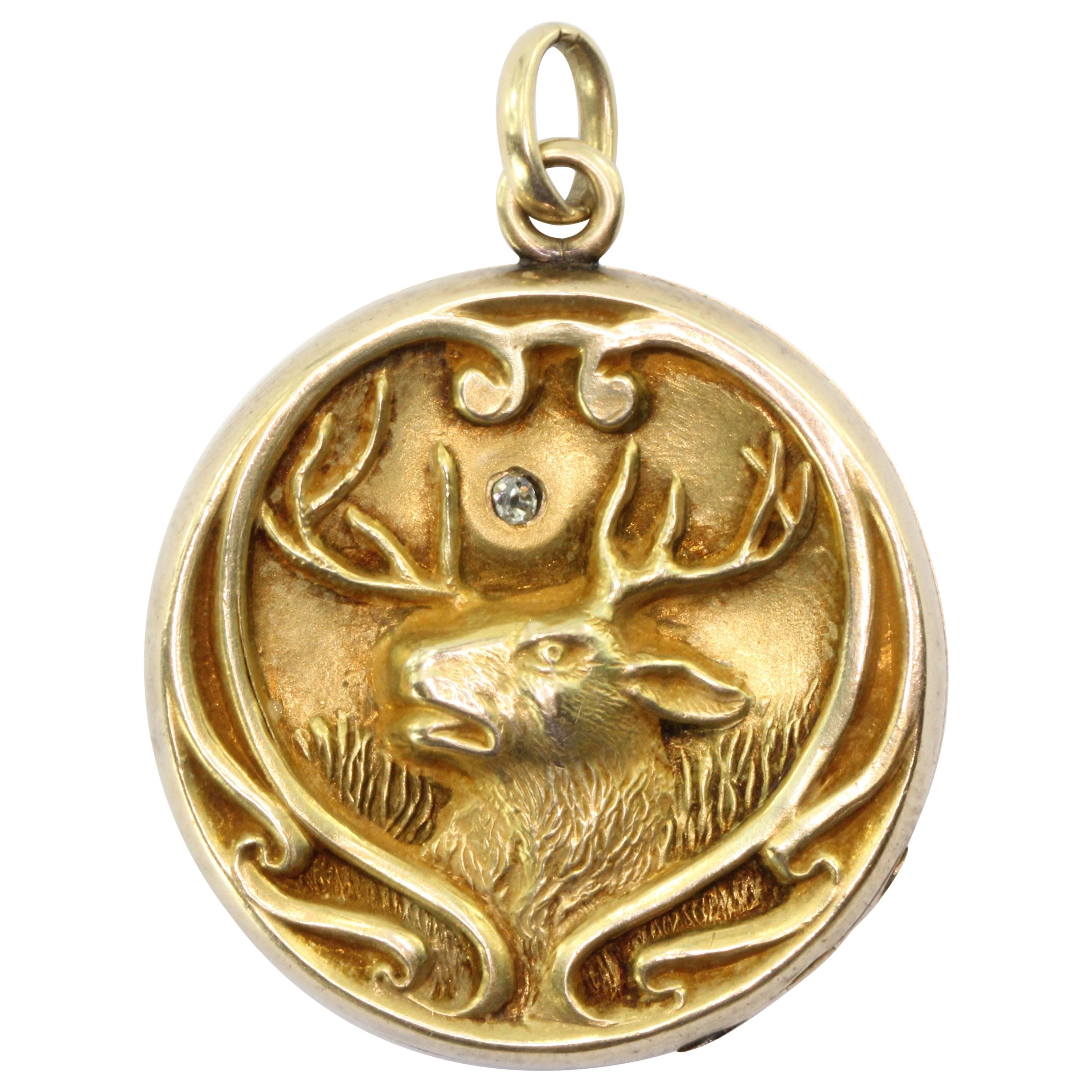 Art Nouveau Repousse Diamond Stag Buck Locket at 1stDibs