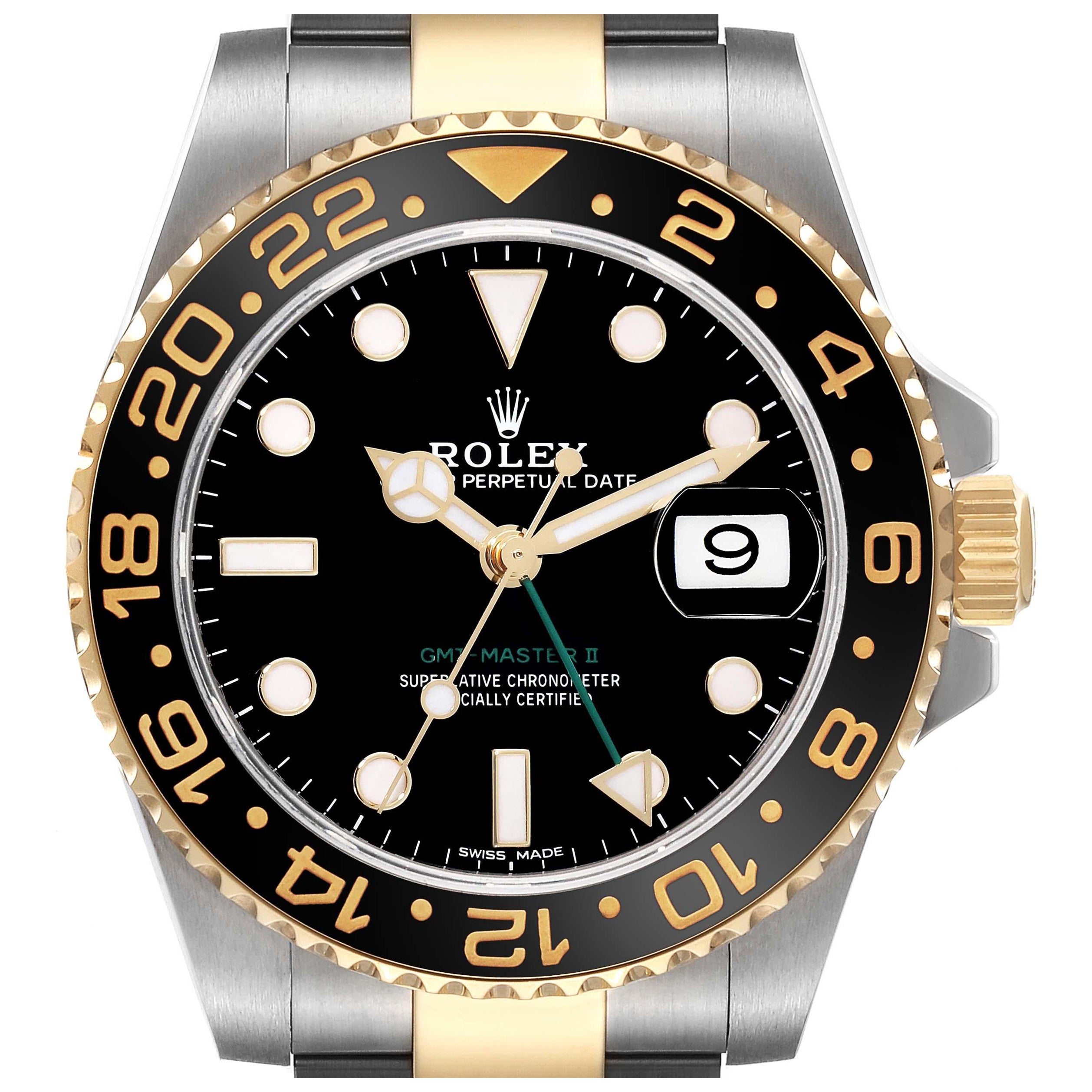 Rolex GMT Master II Steel Yellow Gold Black Dial Mens Watch 116713 Box ...