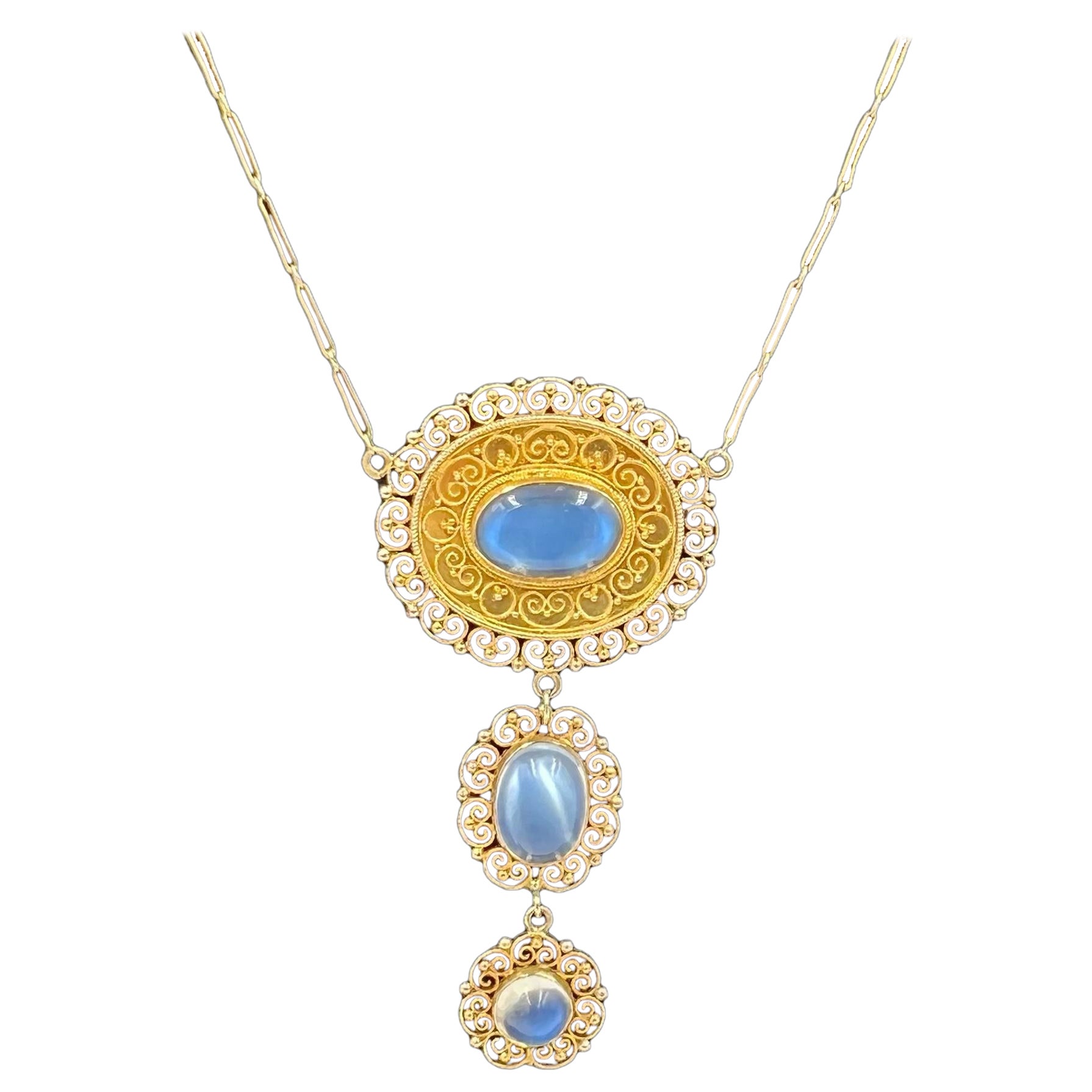 French Victorian Moonstone Gold Necklace For Sale at 1stDibs