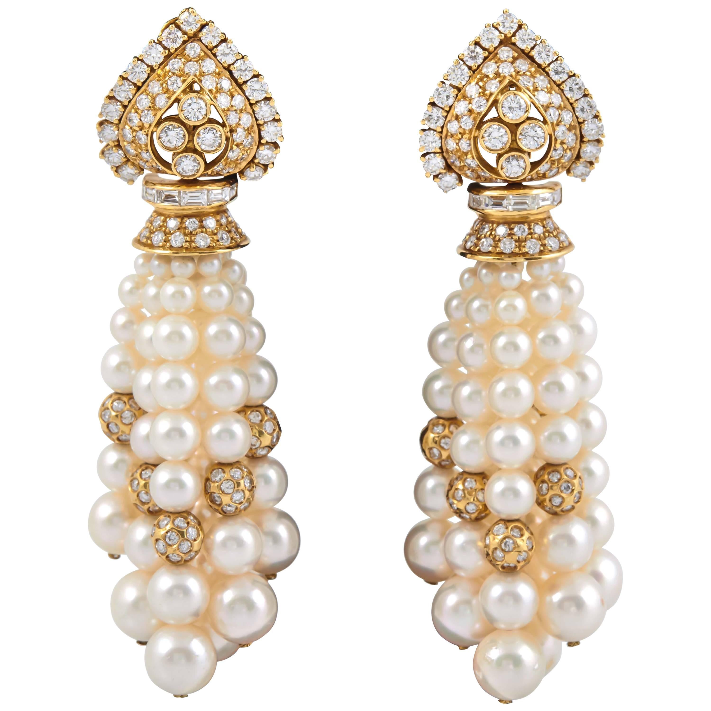 Pearl Diamond Gold Tassel Earrings at 1stDibs
