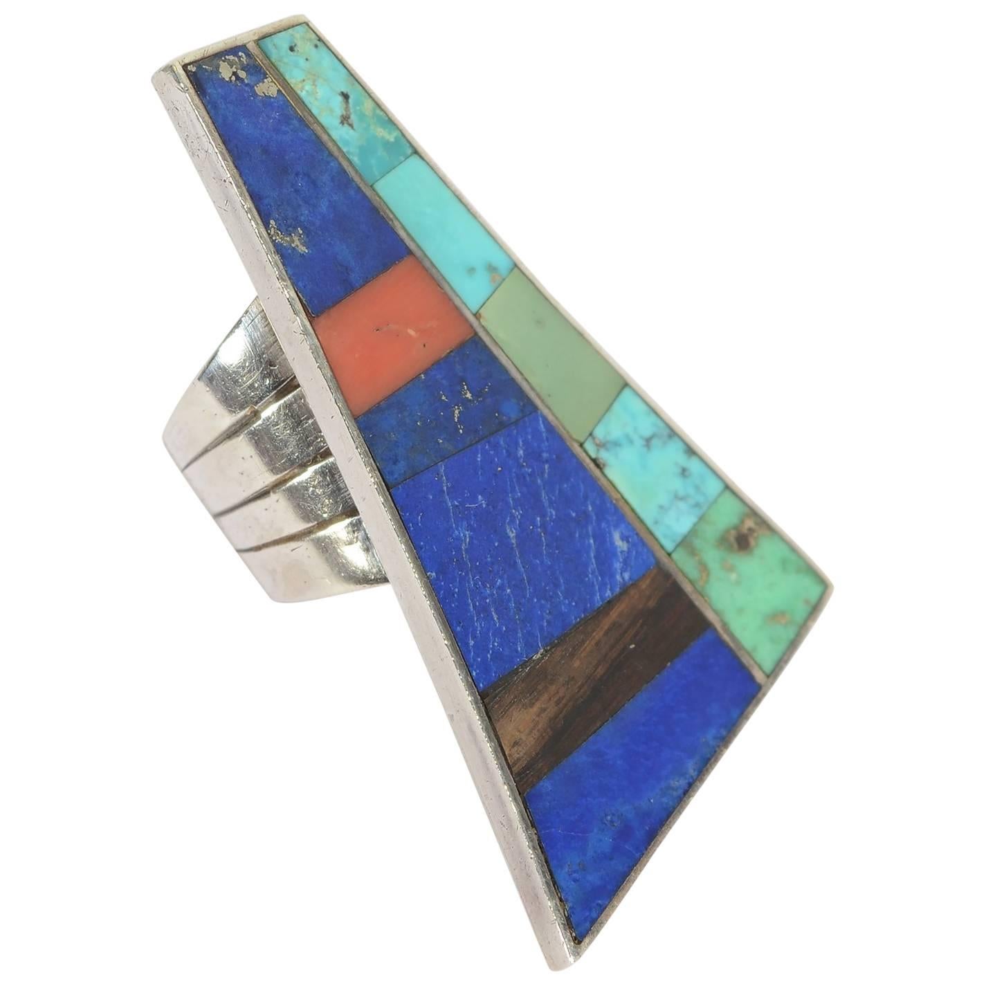 HUGE Inlaid Stones Silver Ring at 1stDibs | huge silver rings