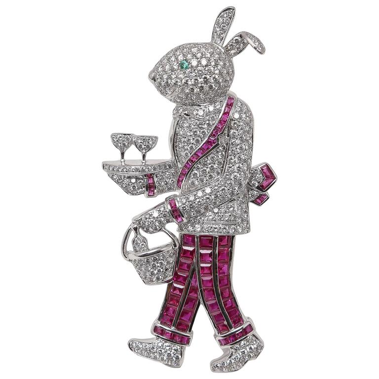 Ruby Emerald Diamond Gold Rabbit Waiter Brooch at 1stDibs