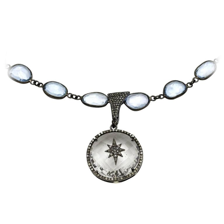 Diamond Encrusted Star Pendant with Large Aquamarine Oxidized Silver ...