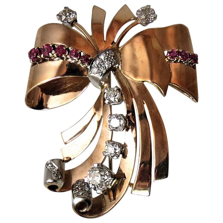 Fabulous Retro Ruby Diamond Rose Gold Pin For Sale at 1stDibs