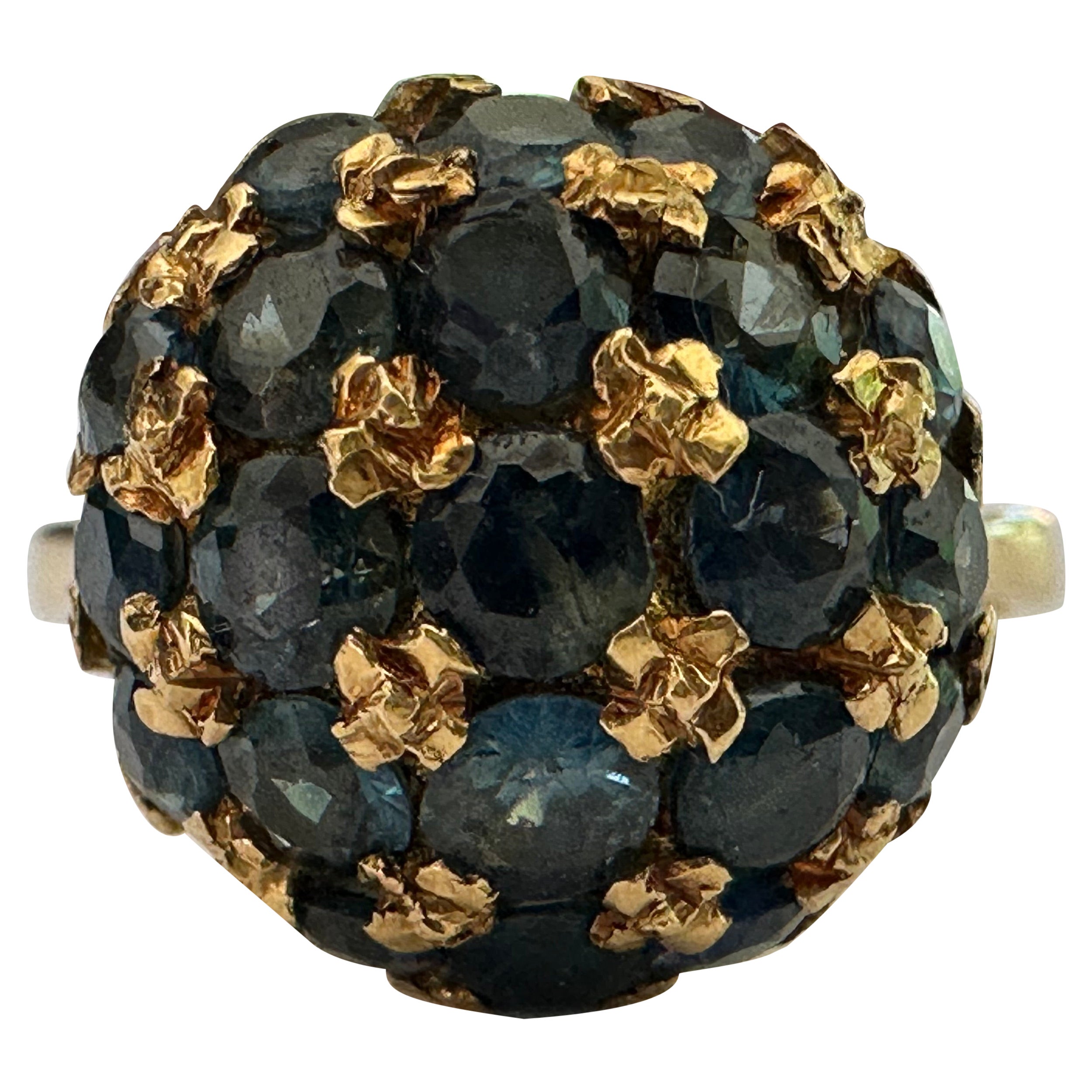 18 Karat Yellow Gold Natural Diamond and Blue Sapphire Dome Band Ring ...