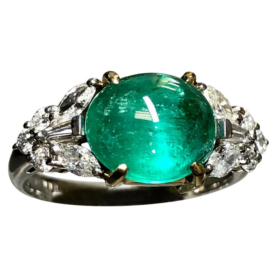 Platinum 18K Cabochon Colombian Emerald Diamond Cocktail Ring 4.50ctw ...