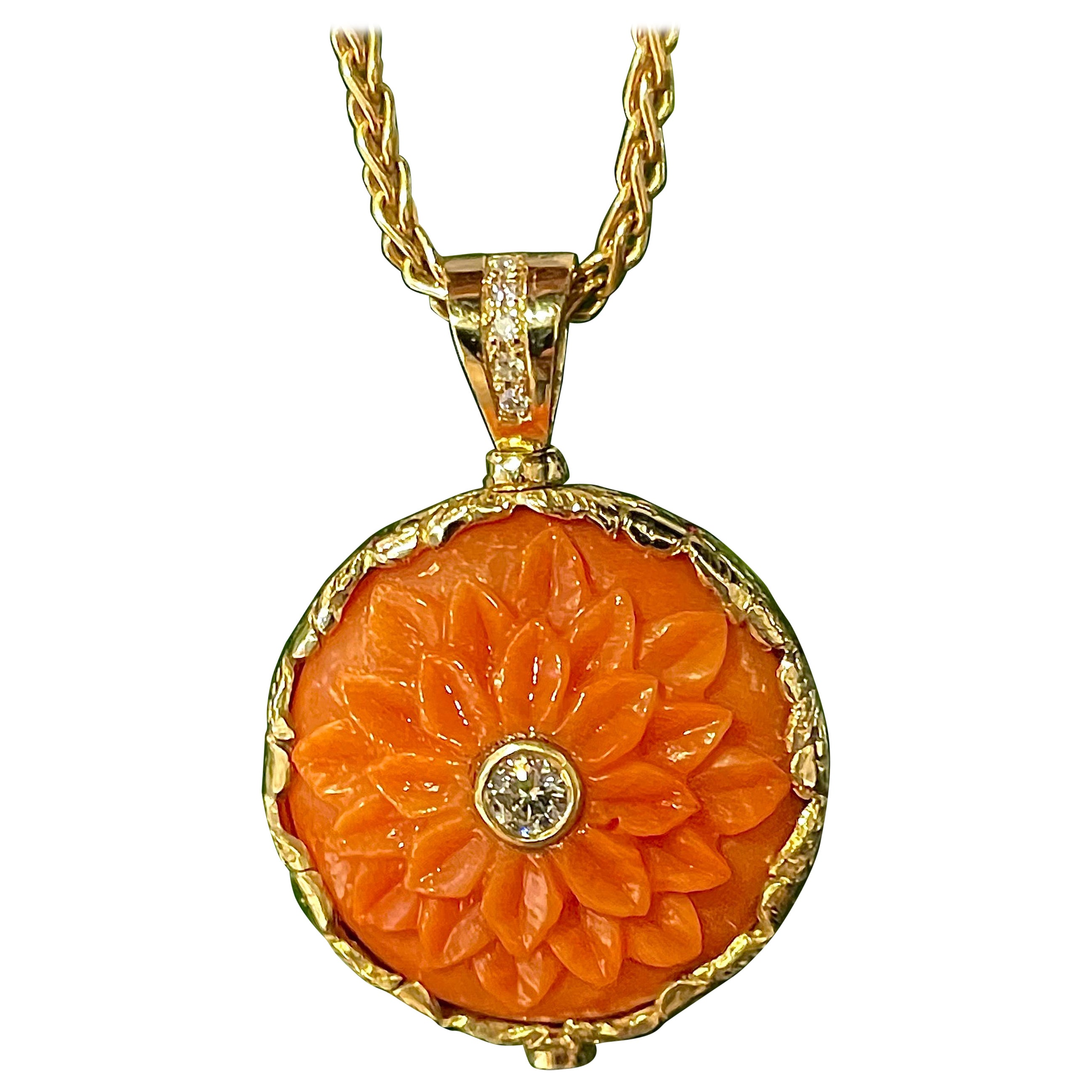 18 gold Carved Momo coral set with diamonds and rubys For Sale at 1stDibs