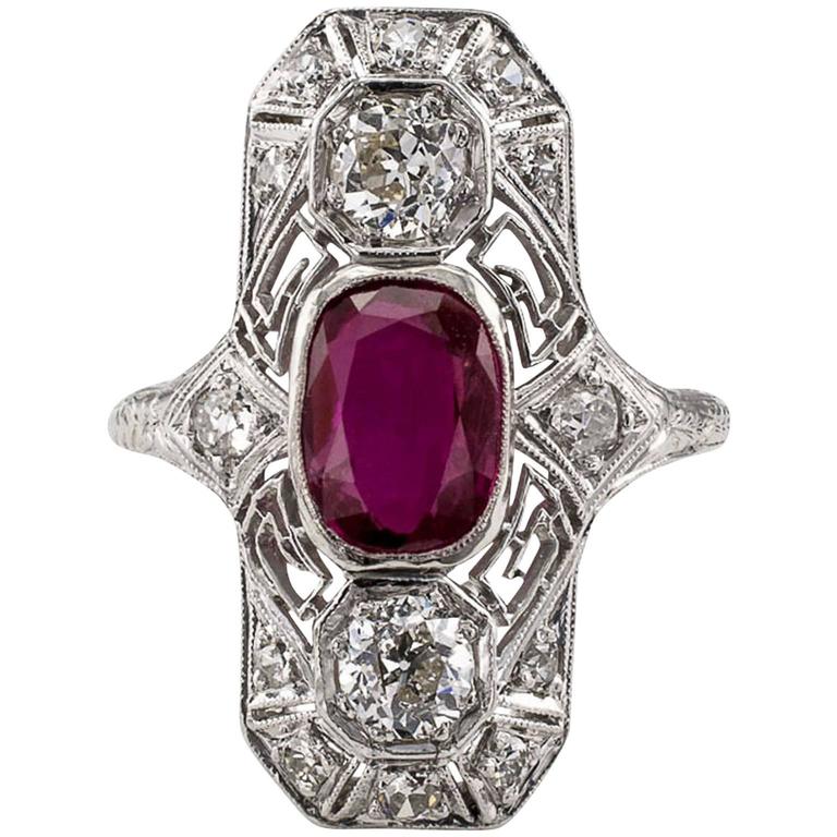 Art Deco Ruby Diamond Platinum Dinner Ring at 1stDibs
