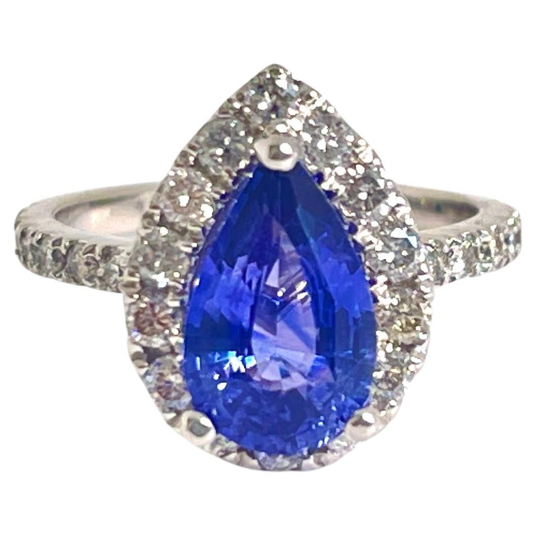 2.16 Carat Pear Shaped Purple-Blue Sapphire Diamond 14K White Gold Ring ...