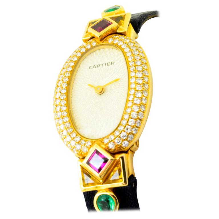 Ladies Cartier Wrist Watch Set With Yellow Gold Emeralds Sapphires ...