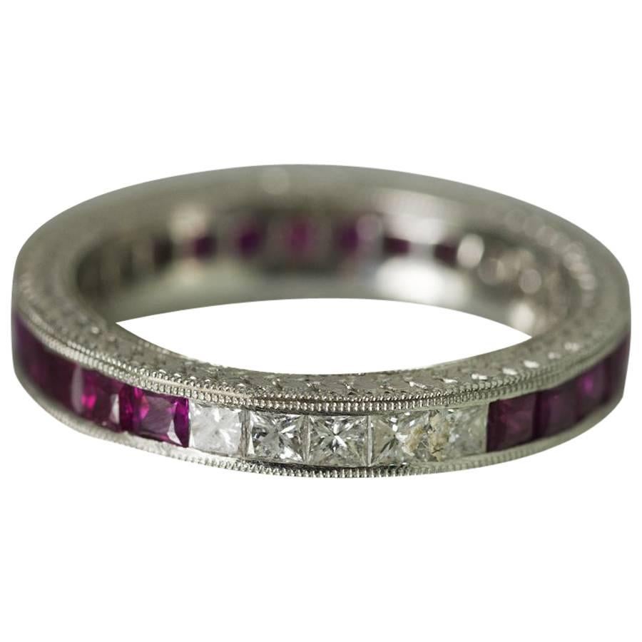 Ruby Diamond Platinum Engraved Eternity Band Ring at 1stDibs